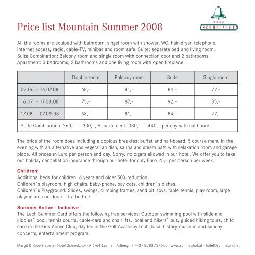 Price list Mountain Summer 2008 - Hotel Schmelzhof