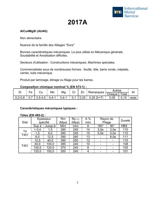 AlCu4MgSi (AU4G) Non alimentaire Nuance de la famille des ...