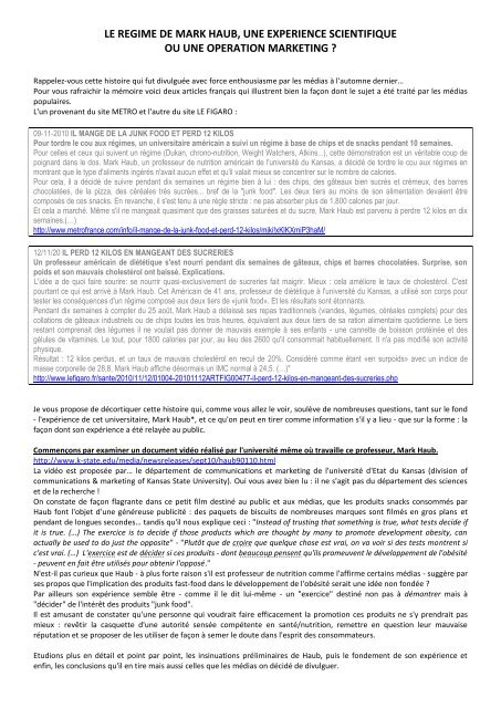 le regime de mark haub, une experience scientifique - votre