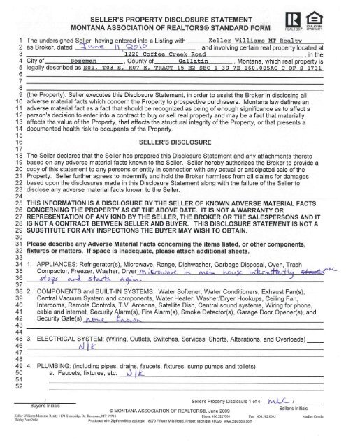 SELLER'S PROPERTY DISCLOSURE STATEMENT MONTANA ...