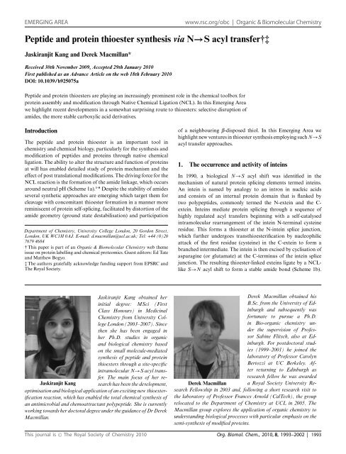 Peptide and protein thioester synthesis via N→S acyl transfer†‡