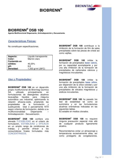 Biobrenn DSB 100 para detergentes de maquina lavavajillas