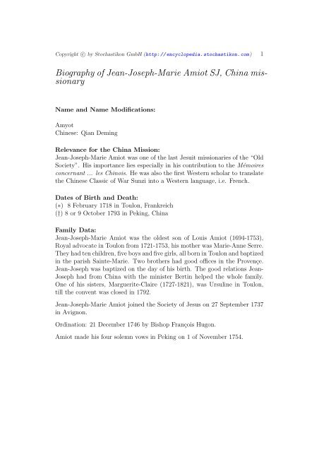 Biography of Jean-Joseph-Marie Amiot SJ, China mis- sionary