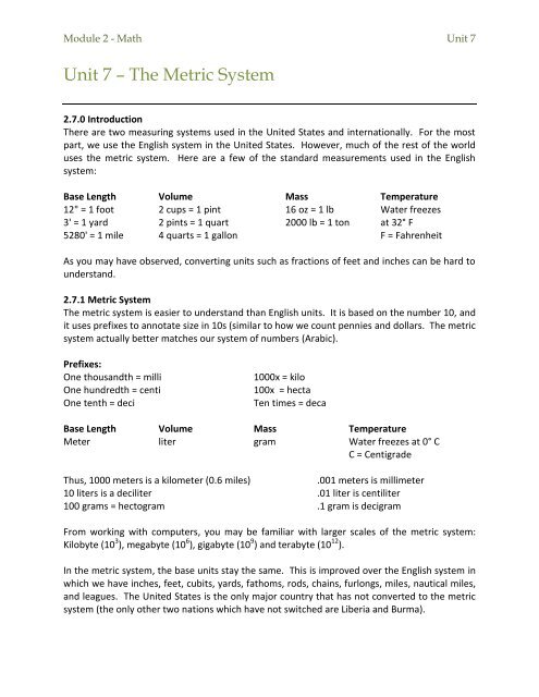 Unit 7 – The Metric System