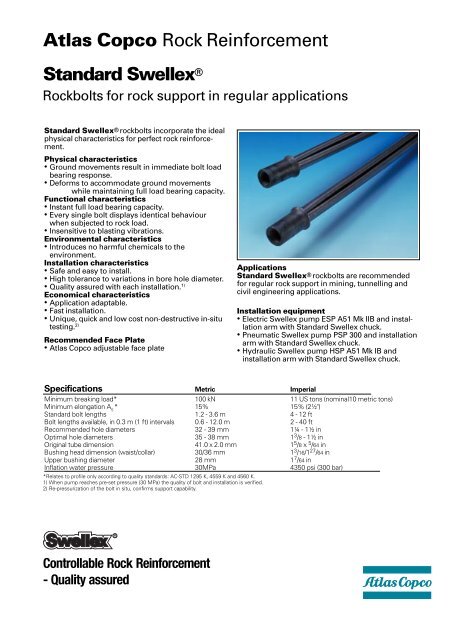 Swellex Standard spec sheet - Atlas Copco