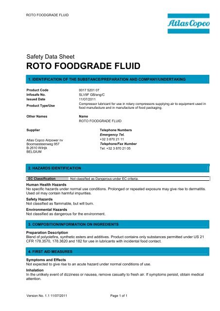 Atlas Copco Roto Inject Lubricant MSDS JEC PDF Toxicity, 60% OFF