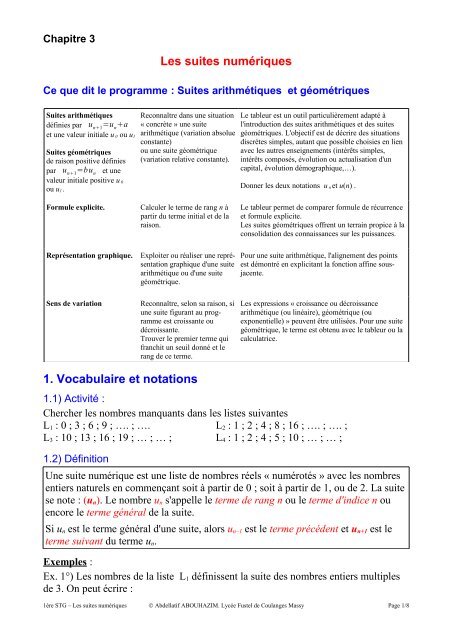 Les suites numériques 1. Vocabulaire et notations - Logamaths.fr