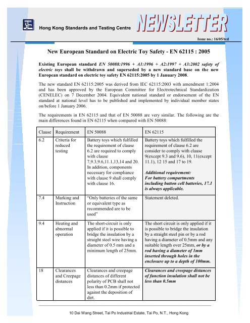 New European Standard on Electric Toy Safety - EN 62115 : 2005