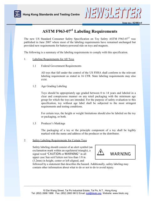 ASTM F963-07 Labeling Requirements WARNING - Hong Kong ...