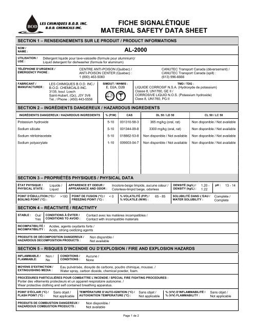 fiche signalétique material safety data sheet - Les Chimiques BOD