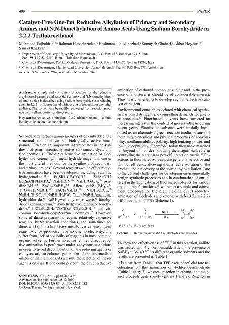Catalyst-Free One-Pot Reductive Alkylation of Primary and ... Catalyst-Free One-Pot Reductive Alkylation of Primary and ...