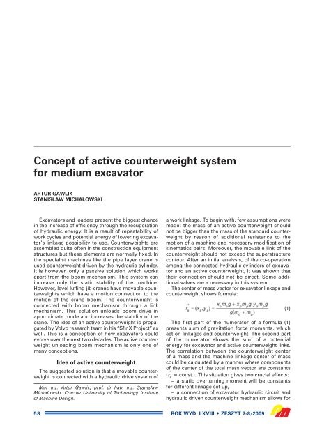 Concept of active counterweight system for medium excavator