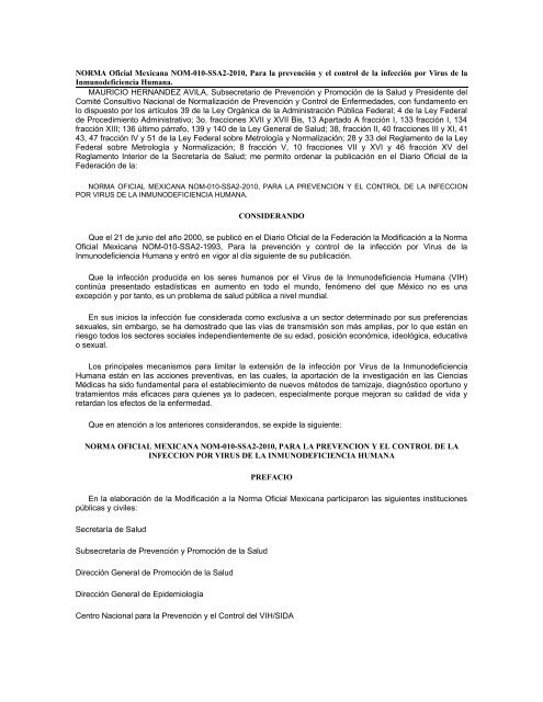 NORMA Oficial Mexicana NOM-010-SSA2-2010, Para la prevención ...