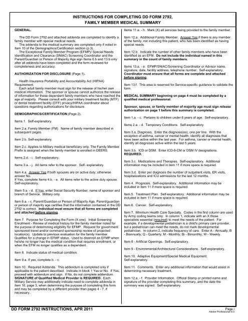 DD Form 2792, Exceptional Family Member Medical Summary, April ...