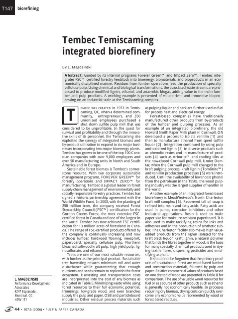 Tembec Temiscaming integrated biorefinery - Rinascite