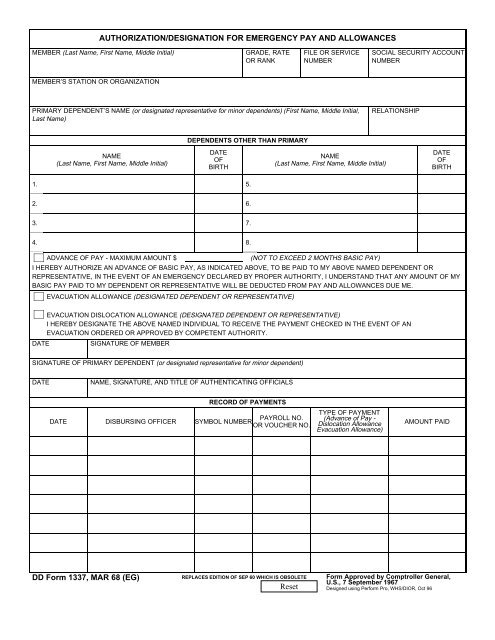 DD Form 1337, Authorization/Designation for Emergency Pay and ...