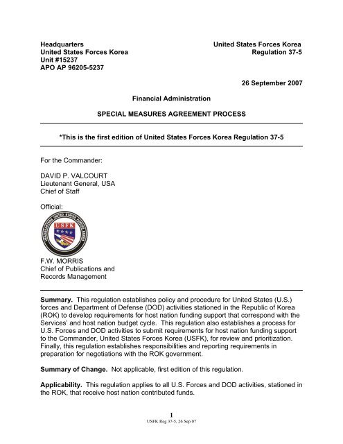 USFK Reg 37-5 Special Measures Agreement Process