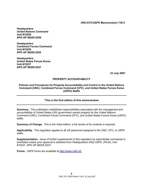 UNC/CFC/USFK Memorandum 735-5 Headquarters ... - U.S. Army
