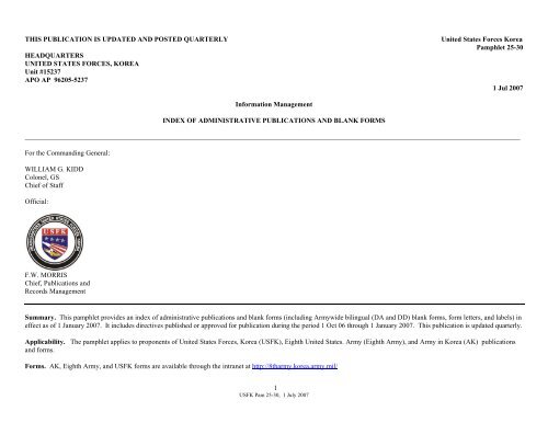 USFK Pam 25-30 Index of Administrative Publications and Forms