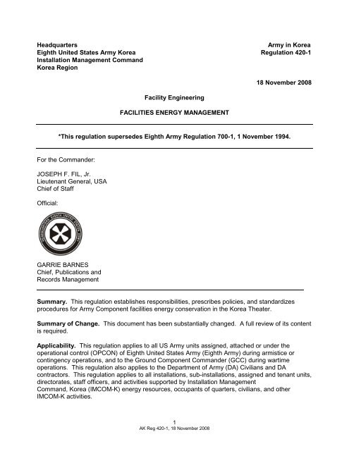 AK Reg 420-1 Facilities Energy Management - Eighth Army - U.S.