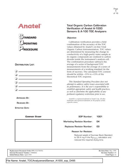 SOP #1001: TOC Calibration Verification