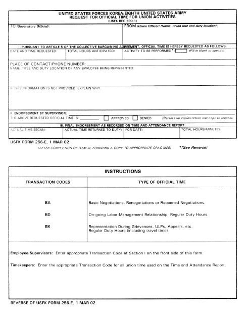 USFK Form 256-E USFK Korea Eighth Army Request for Official ...