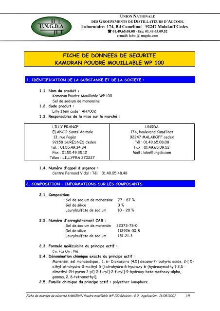 fiche données de sécurité kamoran poudre mouillable ... - UNGDA