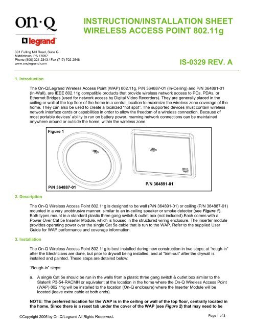INSTRUCTION/INSTALLATION SHEET WIRELESS ACCESS POINT ...