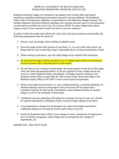 Dosimetry Badge Request form - Academicdepartments Musc ...