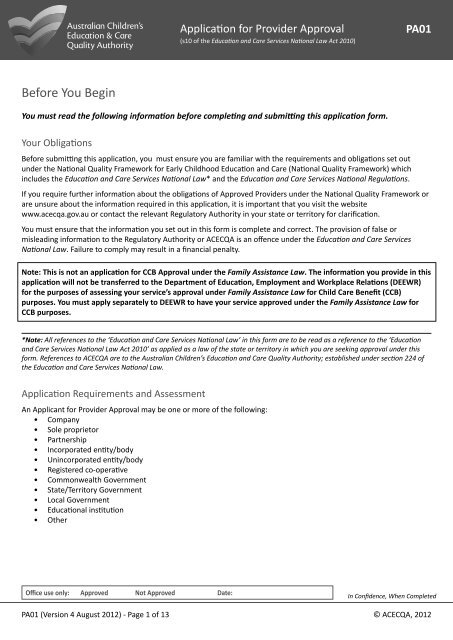 PA01 Application For Provider Approval - acecqa