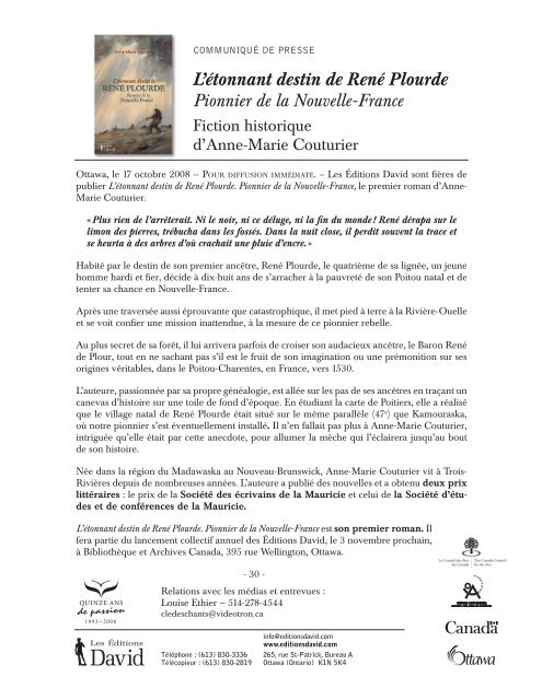 L'étonnant destin de René Plourde Pionnier de la Nouvelle-France