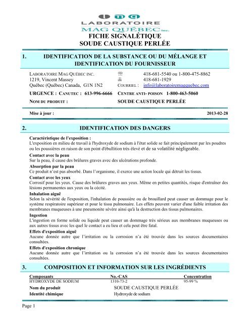 soude caustique perlée - Laboratoire Mag Québec inc.