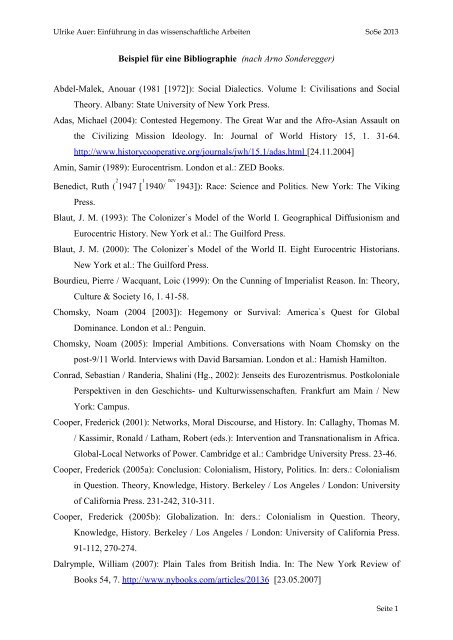 Beispiel für eine Bibliographie (nach Arno Sonderegger):