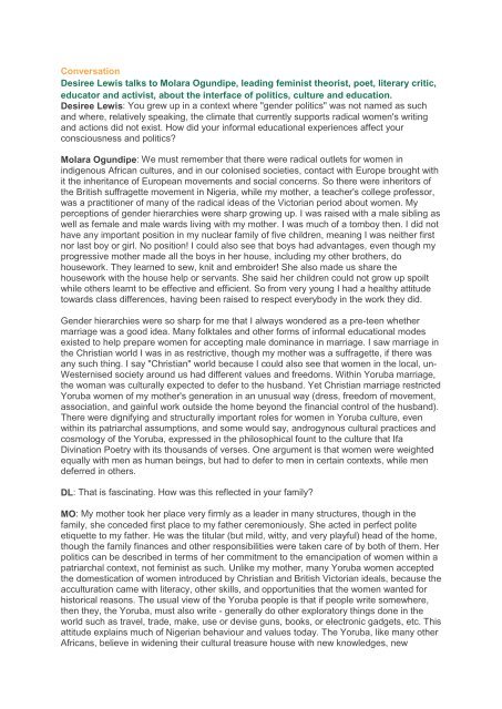 Conversation Desiree Lewis talks to Molara Ogundipe, leading ...
