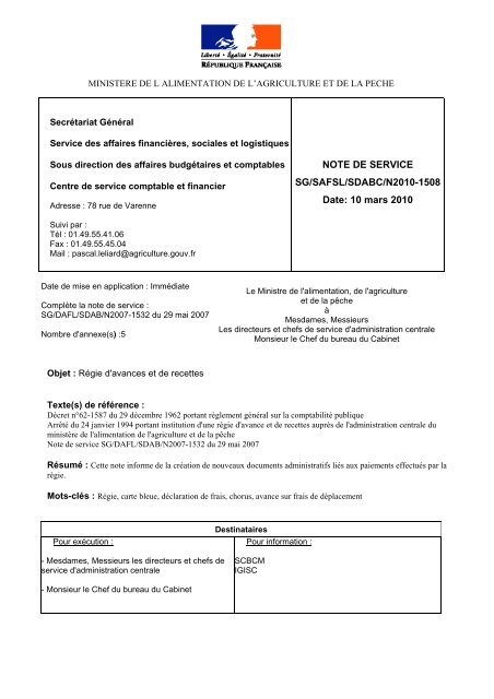 Note de service SG/SAFSL/SDABC/N2010-1508 du 10/03/2010