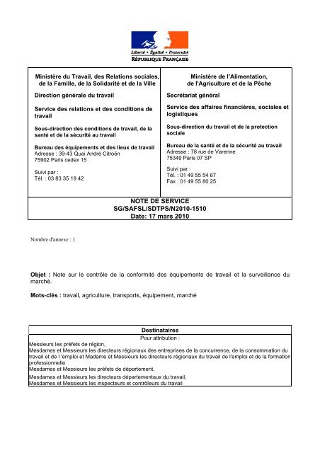 NOTE DE SERVICE SG/SAFSL/SDTPS/N2010-1510 Date: 17 mars 2010