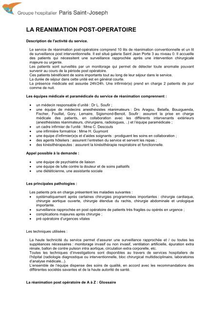 La réanimation post-opératoire