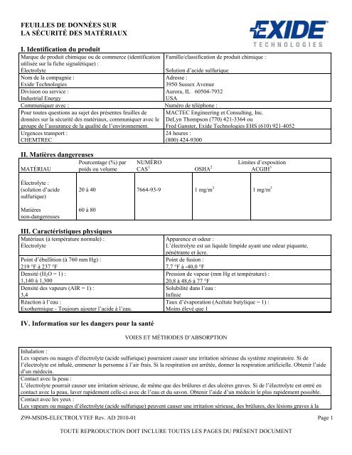 gnb battery technologies material safety data sheet - Exide