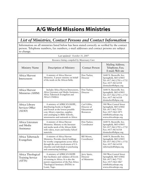 AGWM ministries list - Assemblies of God World Missions