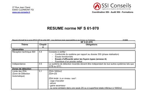 RESUME norme NF S 61-970 - SSI Conseils