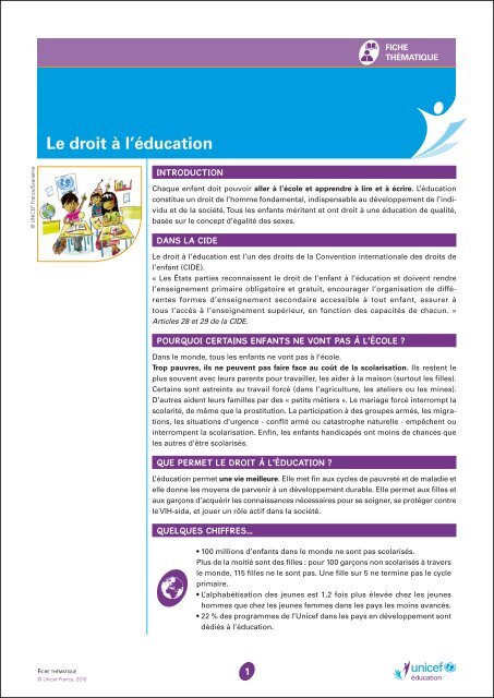 Le droit à l'éducation (fiche thématique) - Unicef