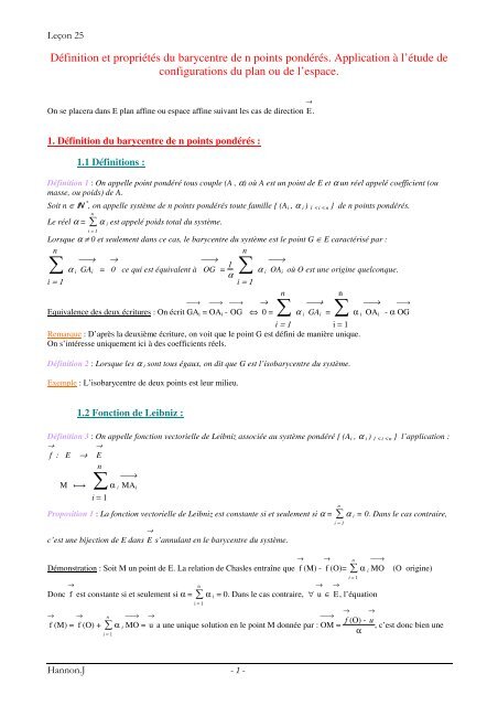 Leçon 25 : Définition et propriétés du barycentre de n points ...
