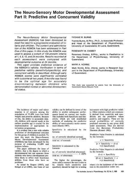 The Neuro-Sensory Motor Developmental Assessment Part II