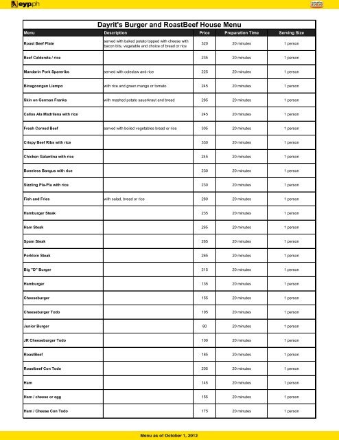 Dayrit's Burger and RoastBeef House Menu