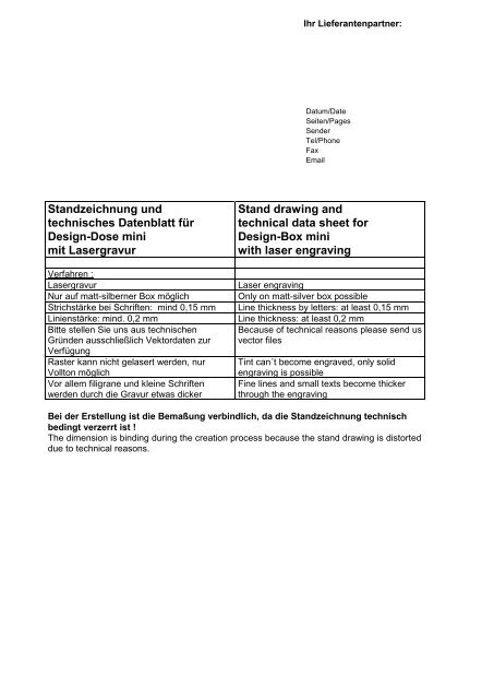 Standzeichnung und technisches Datenblatt für Design-Dose mini mit