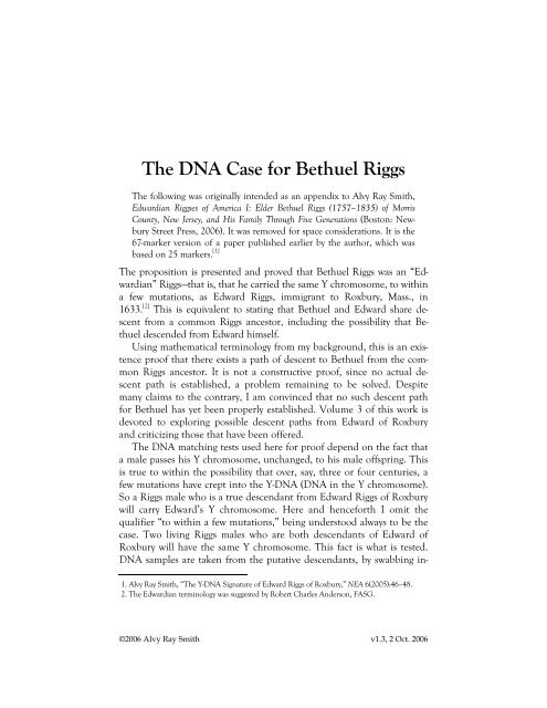 The DNA Case for Bethuel Riggs - Alvy Ray Smith Homepage