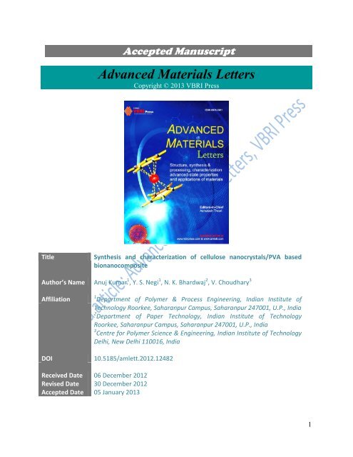 Synthesis And Characterization Of Cellulose Nanocrystalspva Based