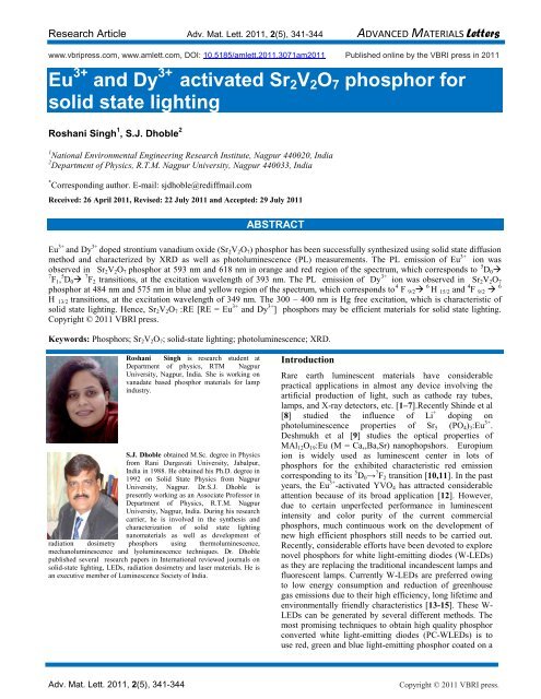 Eu3+ and Dy3+ activated Sr2V2O7 phosphor for solid state lighting