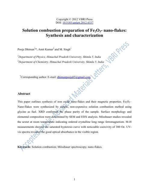 Solution combustion preparation of Fe2O3- nano-flakes: Synthesis ...