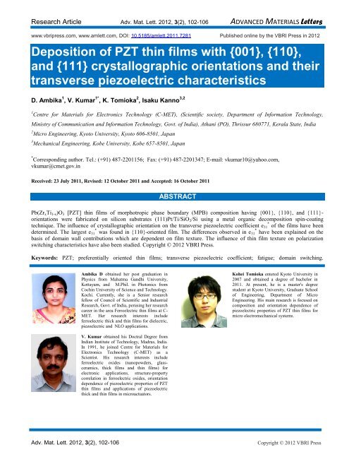 Deposition of PZT thin films with - Advanced Materials Letters